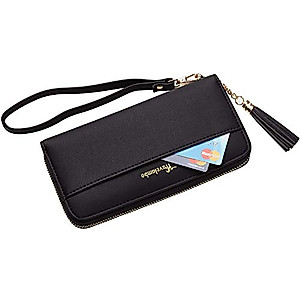 Travelambo Womens Wallet Tassel Bifold Ladies Cluth Wristlet Wrist strap Long Purse (Access Black)