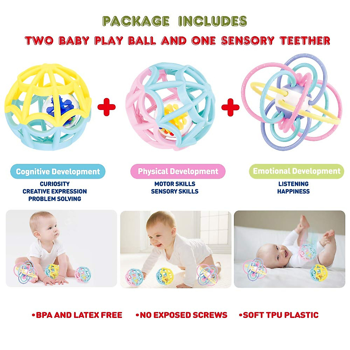 Baby Play Ball and Sensory Teether. Two Outer Plus 2 Inner Balls. Rattles and Rolls for Double The Fun. Ages 0 Month to 4 Years