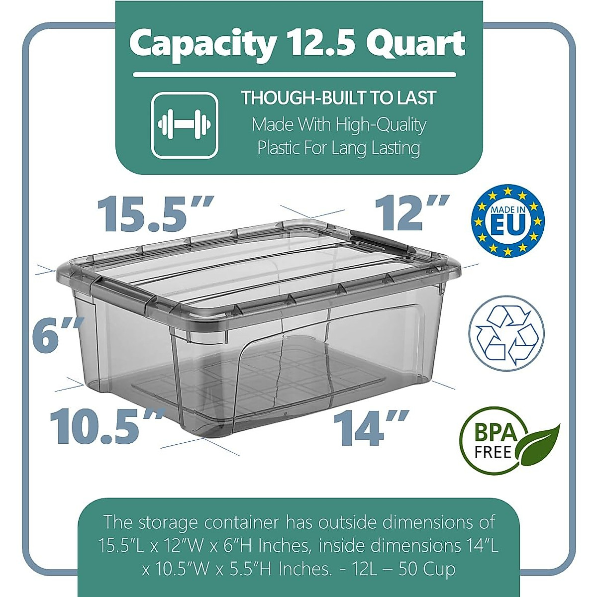 Tribello 12.5 Quart Storage Bins with Lids, Plastic Storage Containers with Latching Lids For Organizing - Tinted - (15.5’ x 12” x 6”) - Set of 2 - Made in EU