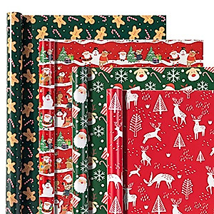 Christmas Wrapping Paper (4 Rolls: 93 sq. ft. ttl) Funny Candy Cane Santas, Reindeer, Christmas Tree, Snowflakes - Christmas Elements Collection - 17 inches x 16.5 feet Per Roll