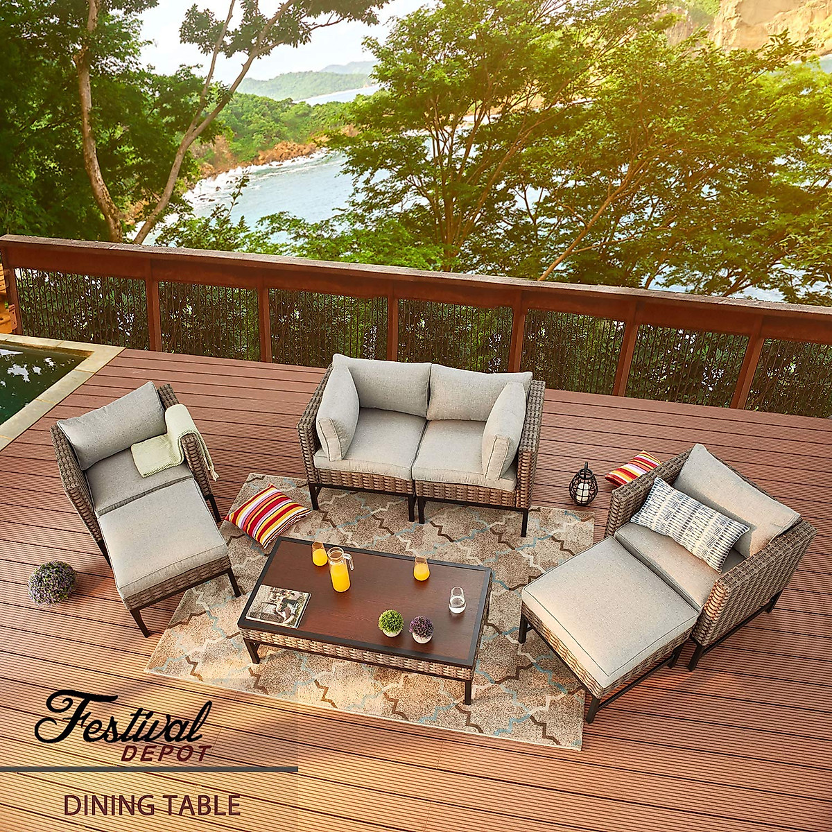 Festival Depot Patio Table Rattan Woven Wicker Coffee Table with Aluminum Tabletop All Weather Outdoor Furniture for Backyard Porch Garden (H Shaped Leg),Brown