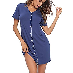 SWOMOG Women's Button Down Nightgown Short Sleeve Nightshirt V-Neck Sleepwear Boyfriend Sleepshirt Pajama Dress