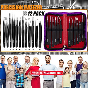 Antonki 12 Pack Precision Tweezers Set, Point and Slant Metal Tweezer Kits for Craft, Soldering, Jewelry, Ingrown Hair, Eyelash Extension, Eyebrow - with Case
