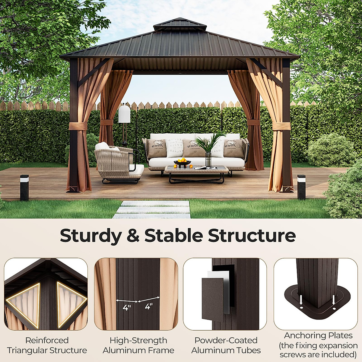 Tangkula 12x12 FT Hardtop Gazebo, Patio Gazebo with Galvanized Steel Double Roof & Aluminum Frame, Permanent Pavilion Outdoor Gazebo with Netting & Curtains for Patio, Garden, Lawn, Backyard, Deck