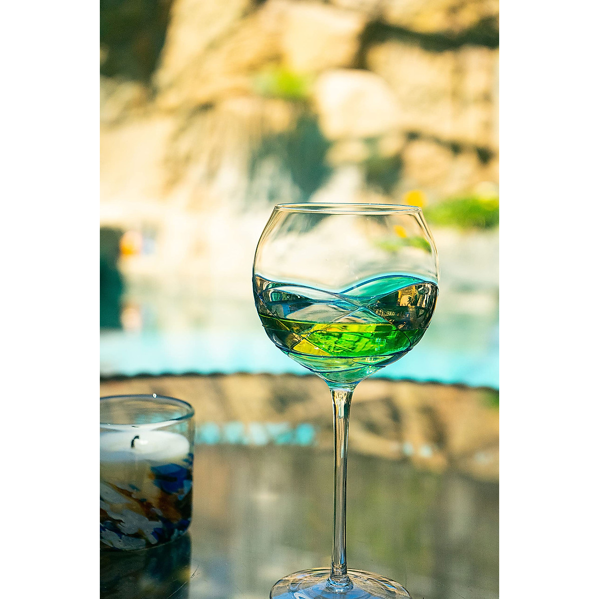 Antoni Barcelona Wine Glass Large Stem 21oz Mediterranean Art Handblown Handpainted Glassware Unique Gifts Ideas Women Men Birthday (Blue, Set 2)