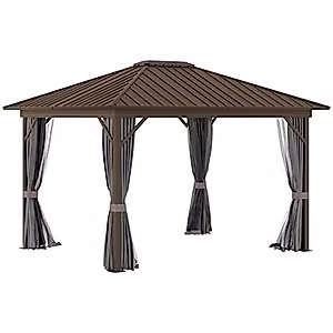 LJMXE 10' X 12' Outdoor Hardtop Gazebo with Aluminum Frame, Metal Roof Gazebo Canopy with Curtains and Netting