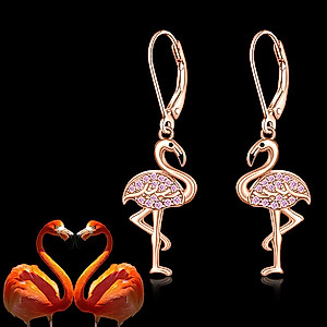 Flamingo Earrings for Women Sterling Silver Cute Bird Animal Rose Gold Pink Flamingo Dangle Hypoallergenic Christmas Holiday Summer Gifts