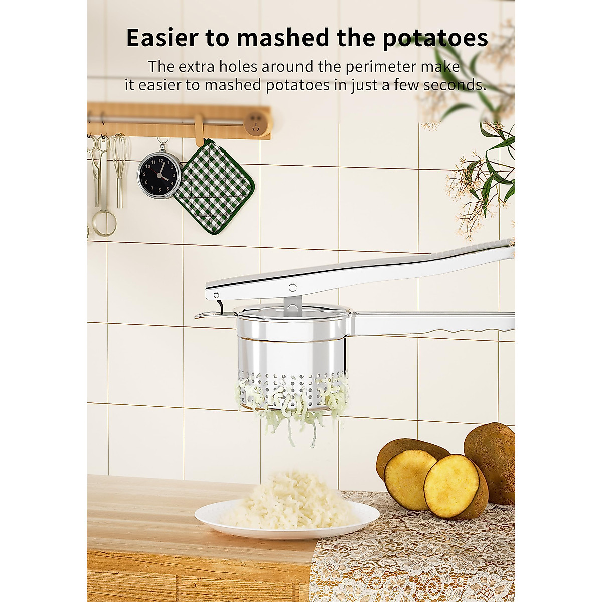 GloTika Large 15oz Potato Ricer Masher, Heavy Duty Stainless Steel Potato Masher with Ergonomic Handle, Masher and Ricer Kitchen Tool for Mashed Potatoes, Noodle Maker