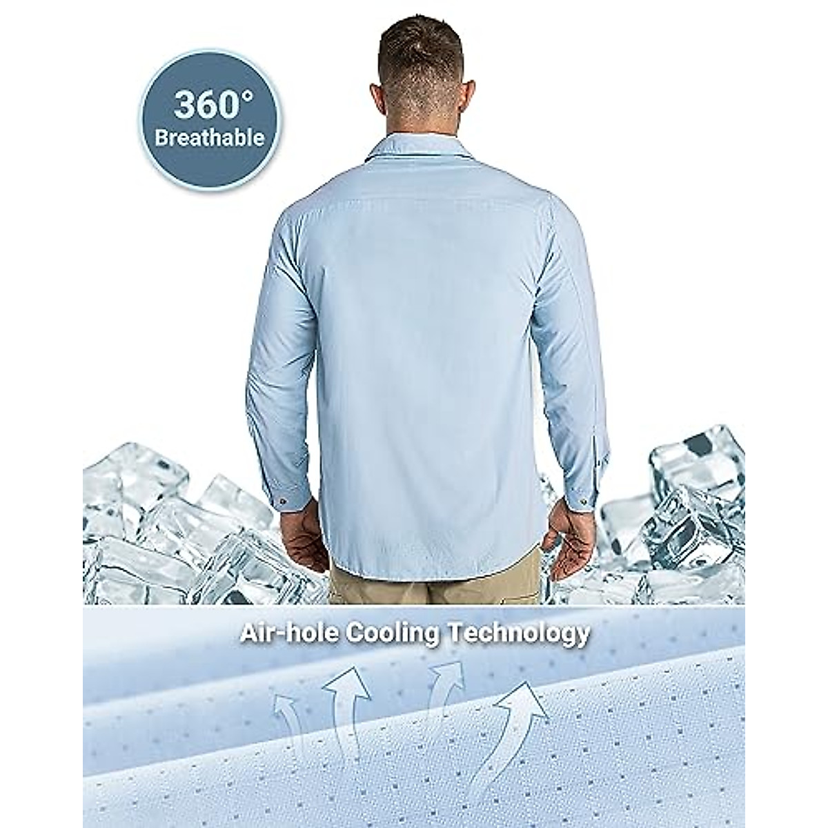 Outdoor Ventures Men's UPF 50+ UV Sun Protection Shirt, Long Sleeve Hiking Fishing Shirt Cooling Quick Dry for Safari Travel Light Blue