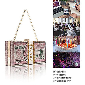 TANOSII Women Stack of Cash Evening Bag Crystal Rhinestone Clutch Money Shoulder Bag Dollar Purse Cuboid Shape Pink