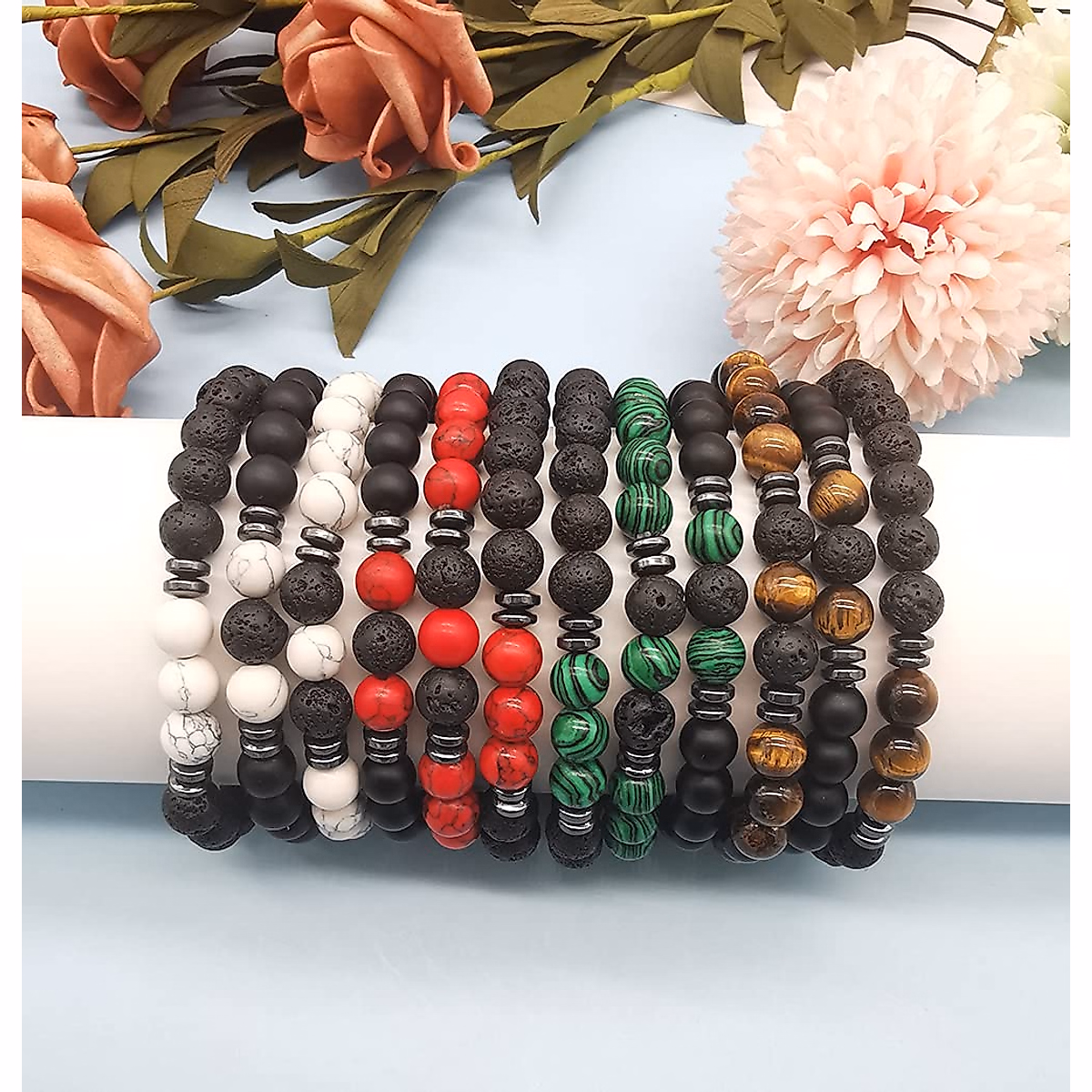 MOZAKA 12Pcs 8mm Natural Stone Lava Rock Beaded Bracelets for Men Women Tiger Eye Hematite Black Onyx Matte Beads Essential Oil Diffuser Lava Stone Bead Bracelets Bulk (12Pcs-B)