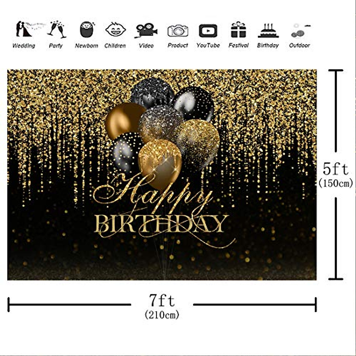 Aperturee 7x5ft Happy Birthday Backdrop Glitter Black and Gold Bokeh Balloons Golden Sparkle Sequin Spots Photography Background Adult Women Girl Banner Party Decoration Photo Booth Studio Cake Table