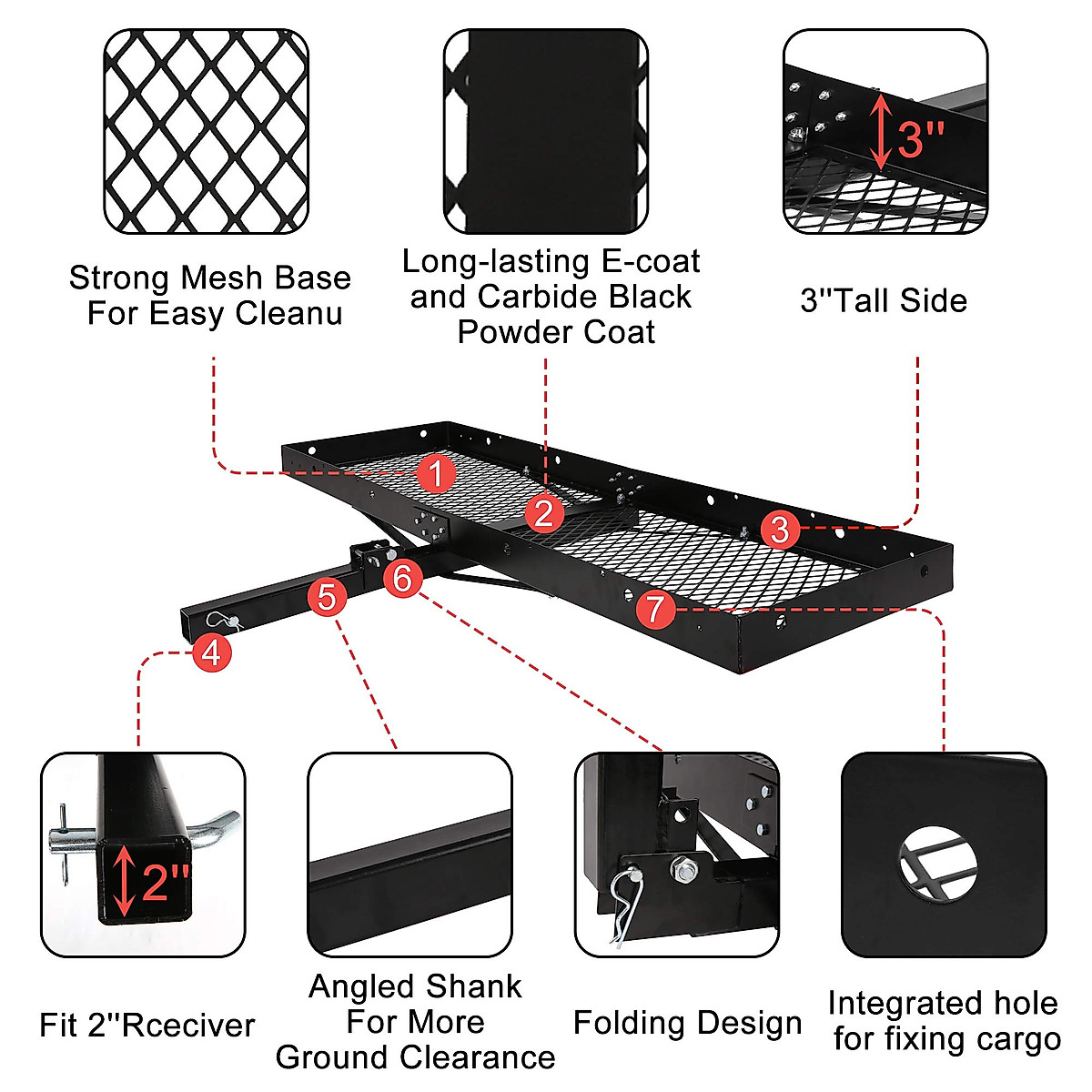LUCKYERMORE 60x20x3 Heavy-Duty Tray Hitch Cargo Carrier with Cargo Net, 500lbs Capacity, Foldable Design, Easy Assembly, Universal Fit for SUVs, Trucks