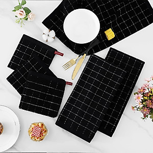 Homaxy Kitchen Towels and Dishcloths Set, 12 x 12 and 13 x 28 Inches, Set of 8 Bulk Cotton Terry Kitchen Towels Set, Checkered Designed, Soft and Super Absorbent Dish Towels, Black