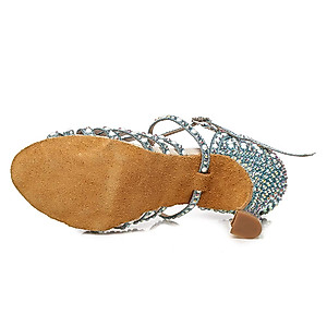 SWDZM Rhinestone Latin Dance Shoes for Women Ballroom Salsa Chacha Professional Performance Practice Dancing Shoes,YCL429-Blue-9,US 9