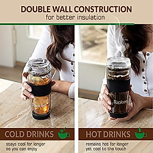 Tupkee Double Wall Glass Tumbler - 14-Ounce, All Glass Reusable Insulated Tea/Coffee Mug & Lid, Hand Blown Glass Travel Mug - Black