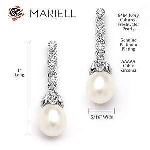 Mariell Cultured Freshwater Pearl Bridal Drop Earrings with Cubic Zirconia Crystals, Ivory Pearl Wedding Earring for Brides, Bridesmaids, Mother of the Bride and Everyday Wear