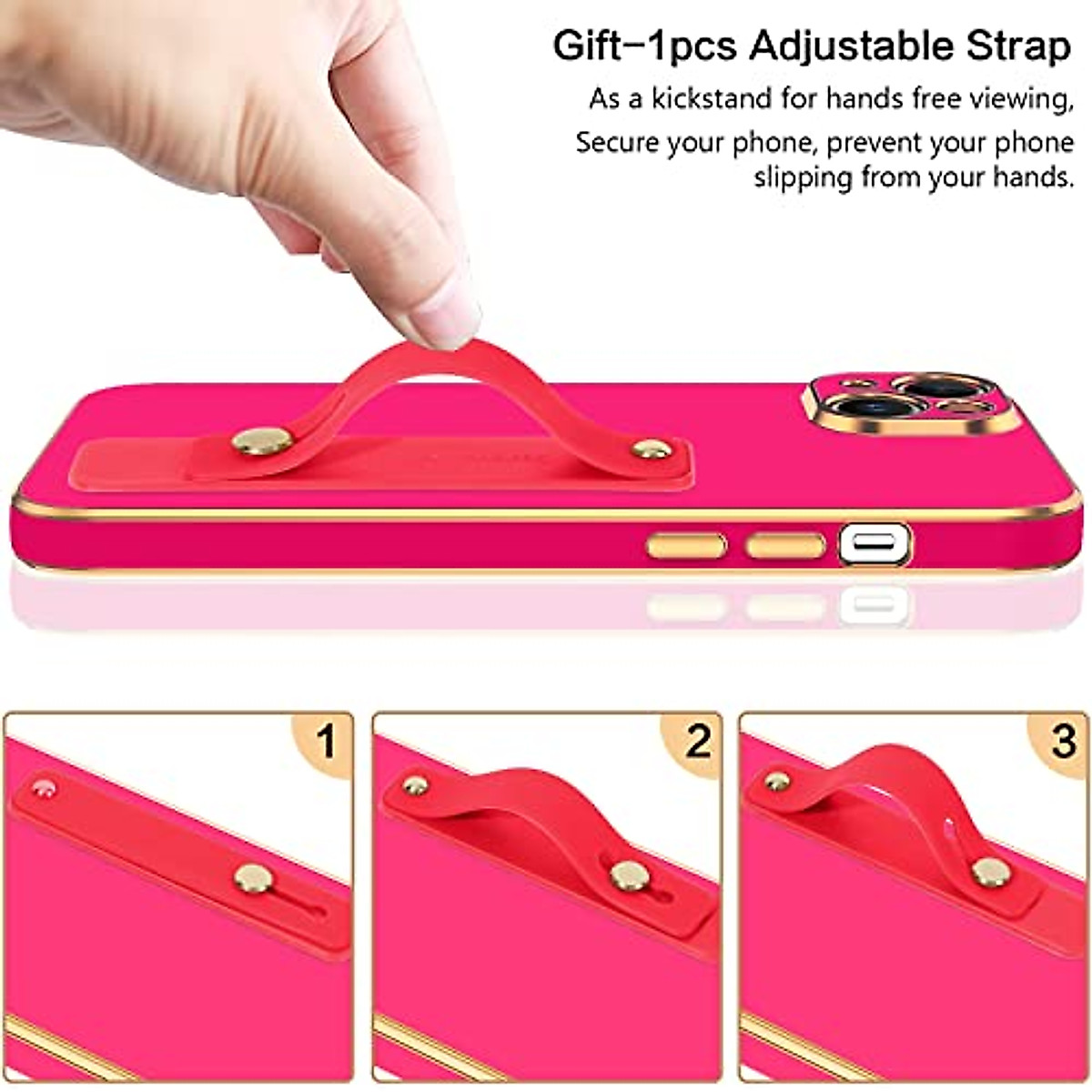 BENTOBEN Compatible with iPhone 13 Mini Case, Slim Luxury Electroplated Bumper Women Men Girl Protective Soft Case Cover with Strap for iPhone 13 Mini 5.4 inch,Hot Pink/Gold