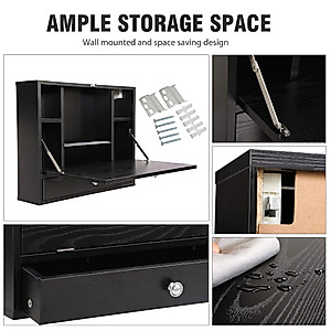JAXPETY Wooden Wall-Mounted Space-Saving Desk, Fold Out Computer Laptop Desk with Storage Bookcase & Drawer, Convertible Writing Desk for Home Office, Black