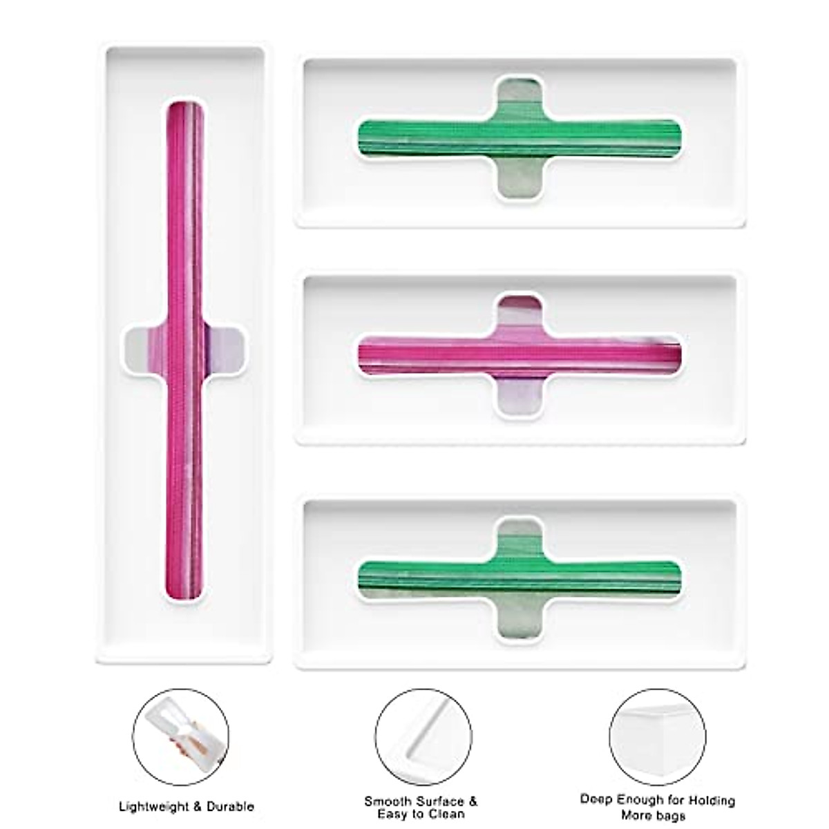 4 Pack Ziplock Bag Storage Organizer for Kitchen Drawer, DXWHYX Premium PP Plastic Ziplock Kitchen Drawer Organizer Dispenser Compatible with Ziploc, Solimo, Glad, Hefty for Gallon, Quart, Sandwich & Snack Variety Size Ziplock Bags