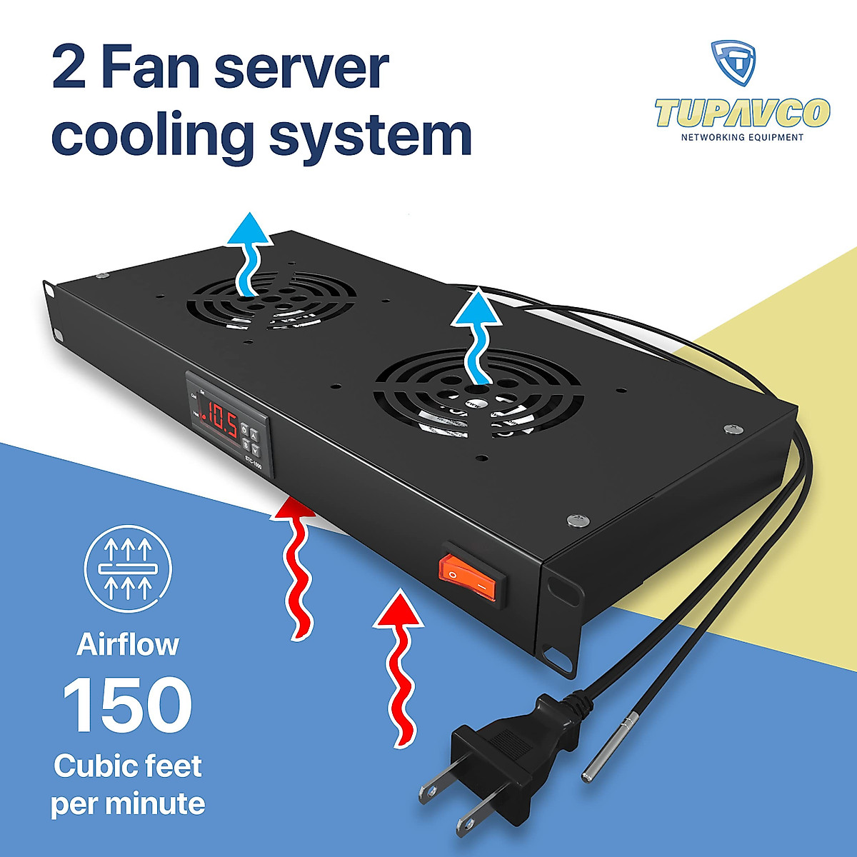 Rack Mount Fan - 2 Fan Server Cooling System - 1U 19" Rackmount Cabinet Panel Adjustable Temperature Control (Digital Heat Monitor Display) Sensor Alarm (Overheat Air Flow Top Exhaust) Tupavco TP1721