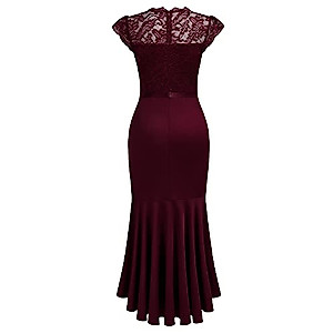 Miusol Women's Retro Floral Lace Ruffle Style Bridesmaid Party Maxi Dress (Medium, Burgundy)