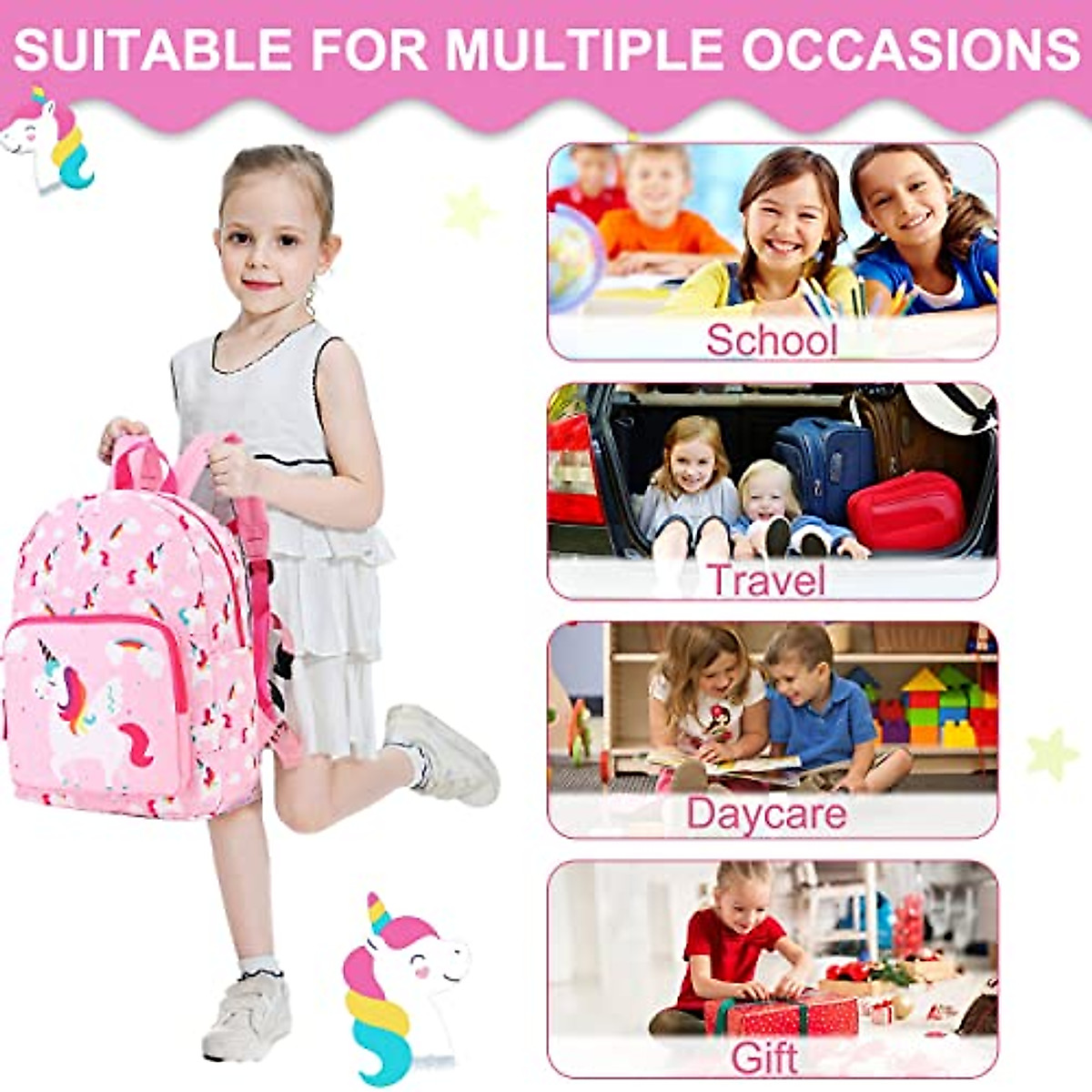 RAVUO Kids Backpack Girls, Cute Unicorn Backpack Kindergarten Preschool Bookbag Toddler Backpack with Chest Strap