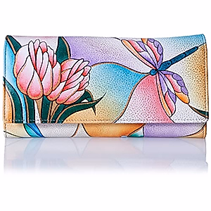 Anna by Anuschka Women's Hand Painted Genuine Leather Multi Pocket Wallet - Dragonfly Glass Painting