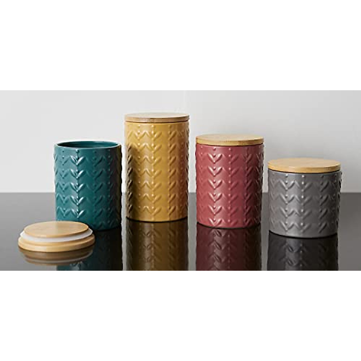 DII Kitchen Accessories Collection, Textured Matte Ceramic Canister Set, Teal, Vine, 3 Piece