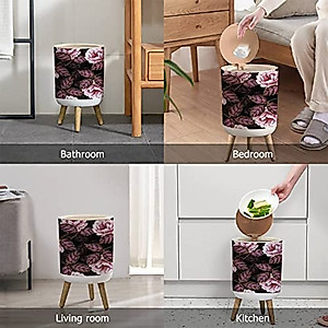 OJNR36WKPD Small Trash Can with Lid Seamless Decorative Rose Flowers Leaves Dark Floral Round Garbage Can Press Cover Wastebasket Wood Waste Bin for Bathroom Kitchen Office 7L/1.8 Gallon