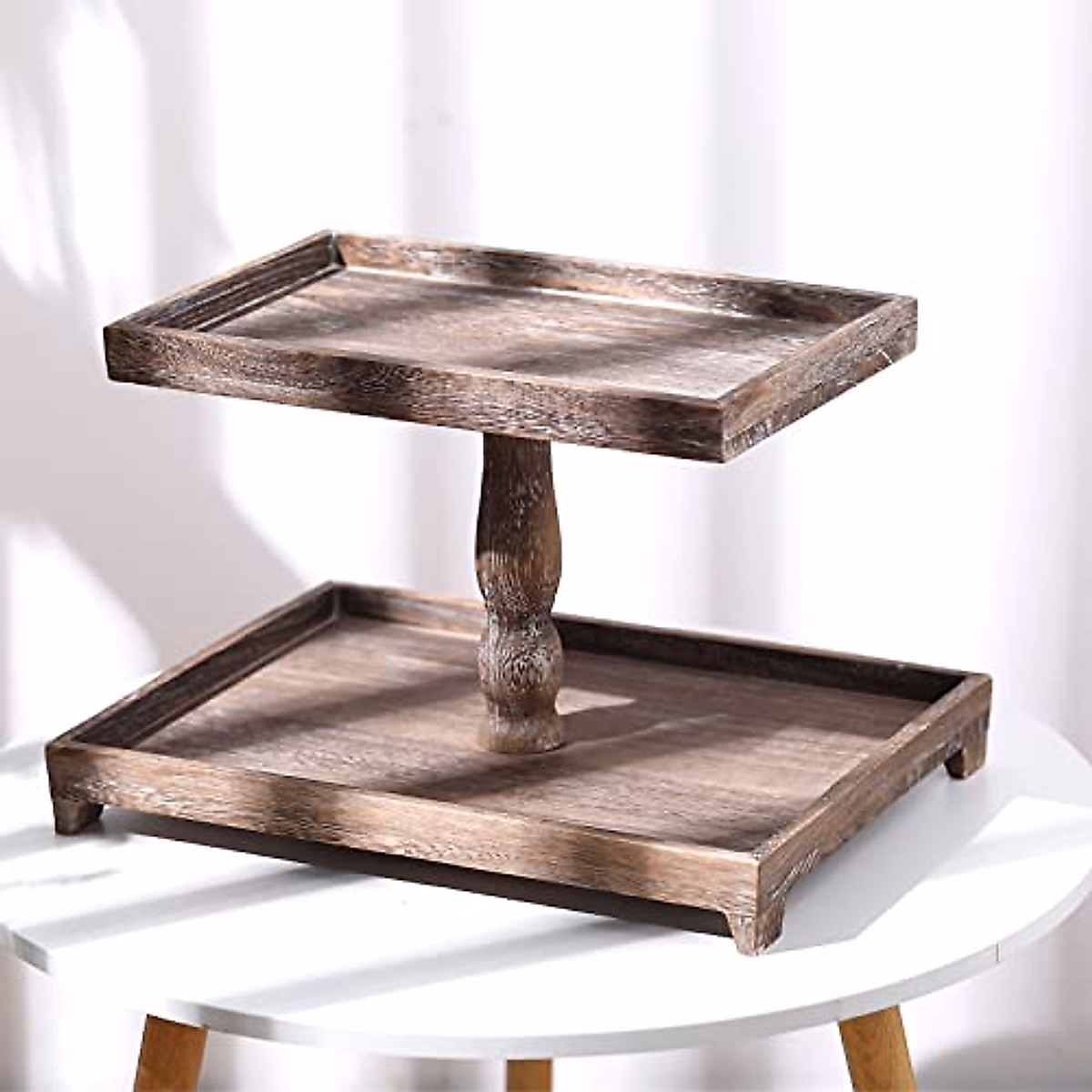 Farmhouse Tiered Tray Stand Rustic Wood Tiered Tray Decor Holder Farmhouse Wooden Tiered Tray Decorative 2 Tier Rectangular Tray Serving Farmhouse Two Tiered Stand for Home Kitchen Cake (Brown)