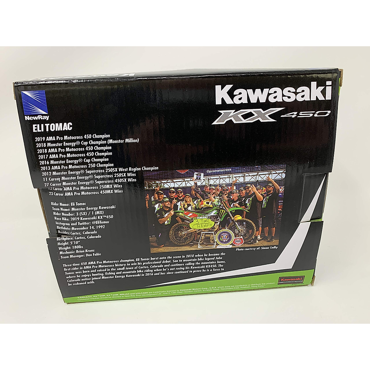 Kawasaki KX 450 #3 Eli Tomac Factory Racing 1/12 scale Diecast Motorcycle Model by New-Ray
