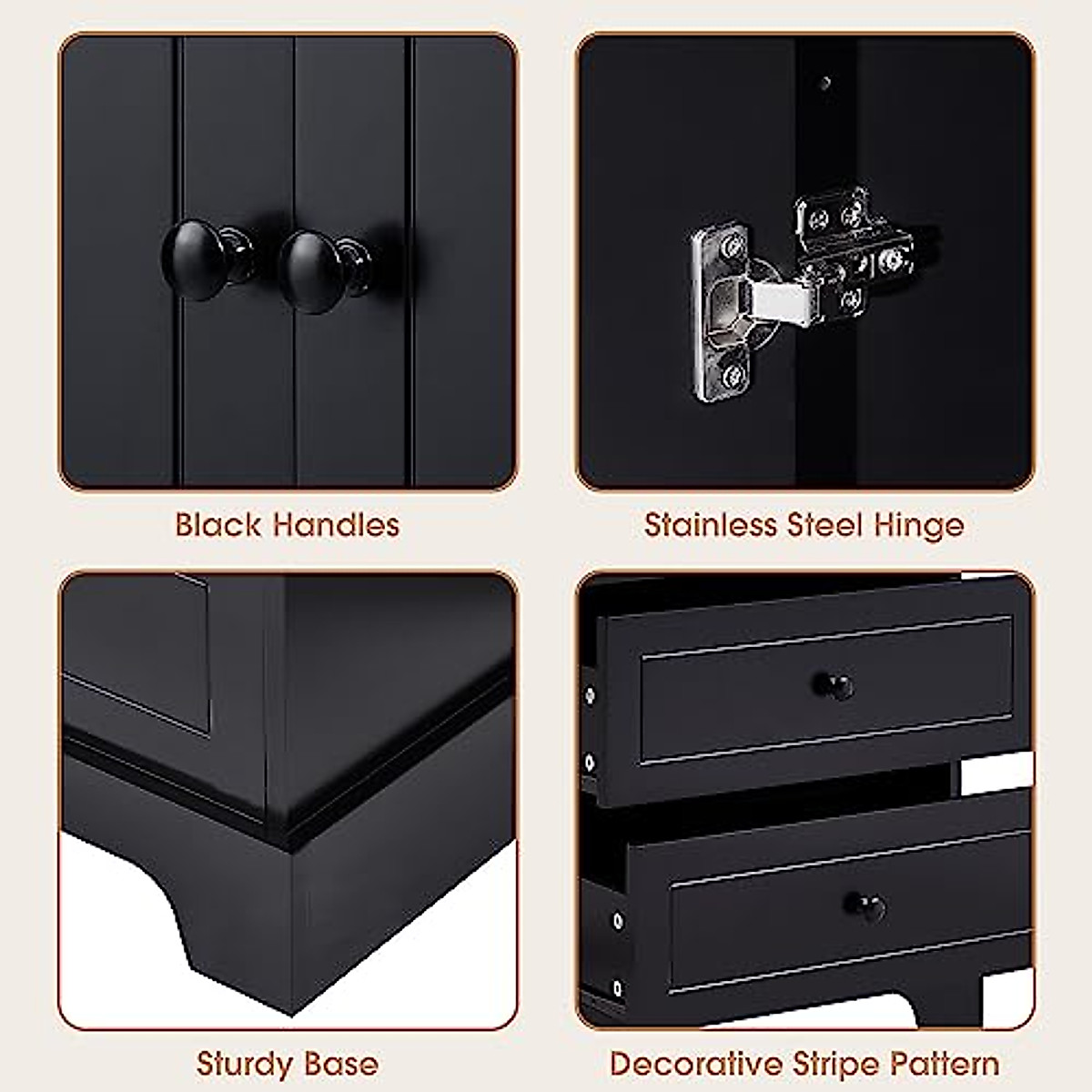 JIVOIT Bathroom Storage Cabinet with 2 Doors and 4 Drawers, Freestanding Floor Storage Cabinet with Adjustable Shelf for Bathroom, Office, MDF Board with Painted Finish (Black-2 Doors and 4 Drawers)