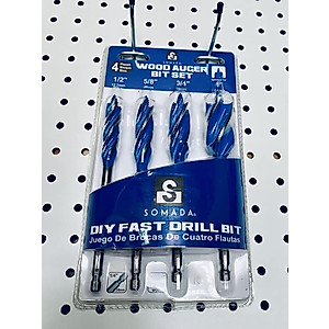 SOMADA Auger Drill Bit Set for Wood, 4-Piece, 1/2", 5/8", 3/4" and 1" Inch Size, 6-Inch Long Impact Wood Auger Set with Quick Change hex Shank