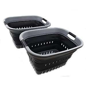 SAMMART 37L (9.77 gallon) Collapsible Plastic Laundry Basket - Foldable Pop Up Storage Container/Organizer - Portable Washing Tub - Space Saving Hamper/Basket (2, Grey/Black)
