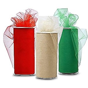 Holiday Colors Tulle Roll - 3 Holiday Colors Tulle Fabric Rolls, Classic Green, Red and Gold, 6 Inches by 25 Yards Each (75 feet).