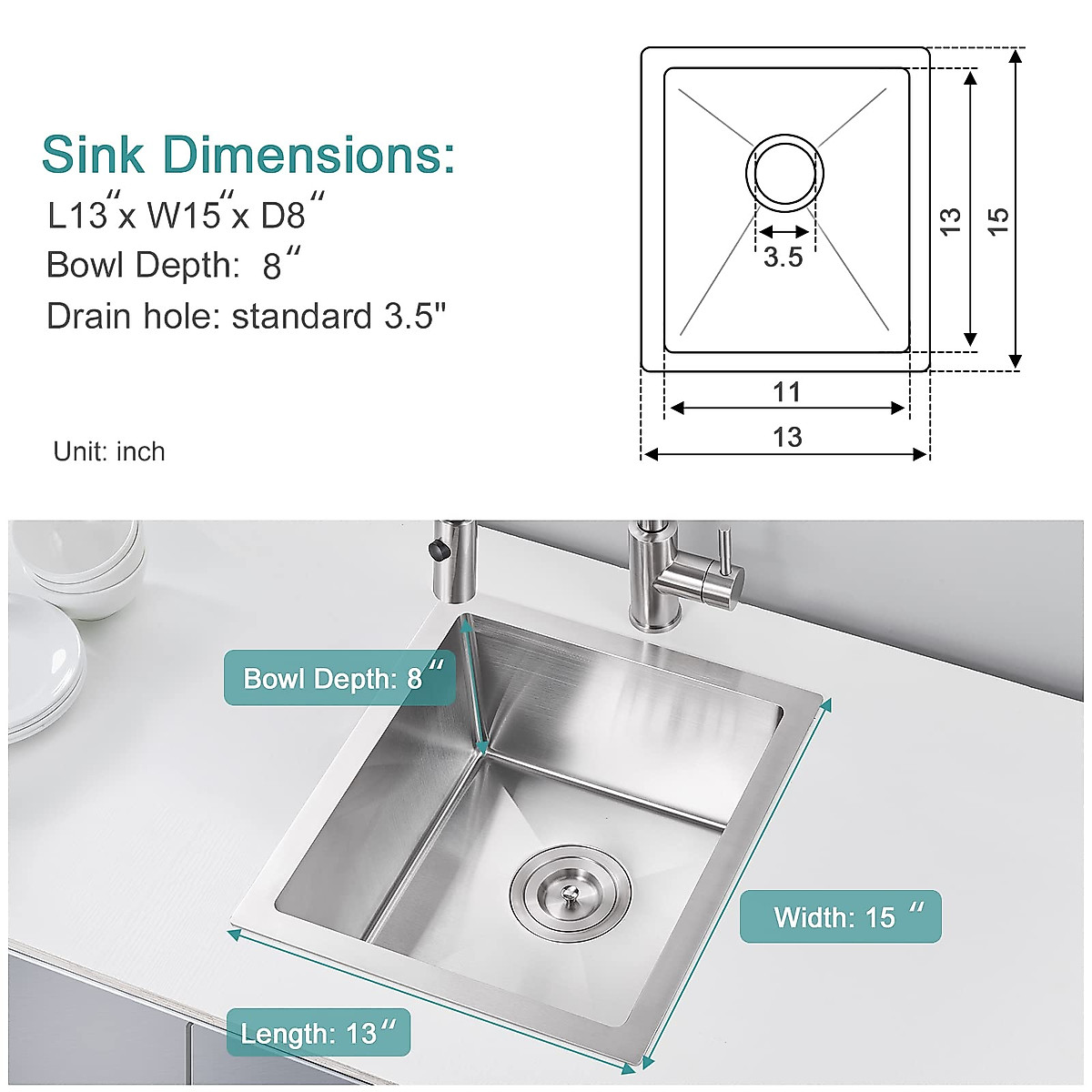 Bar Sink, KINKIB 13 x 15 inch Undermount Bar Sink or Prep Kitchen Sink, Handmade Kitchen Sink Single Bowl T-304 Stainless Steel Small Sink with Strainer