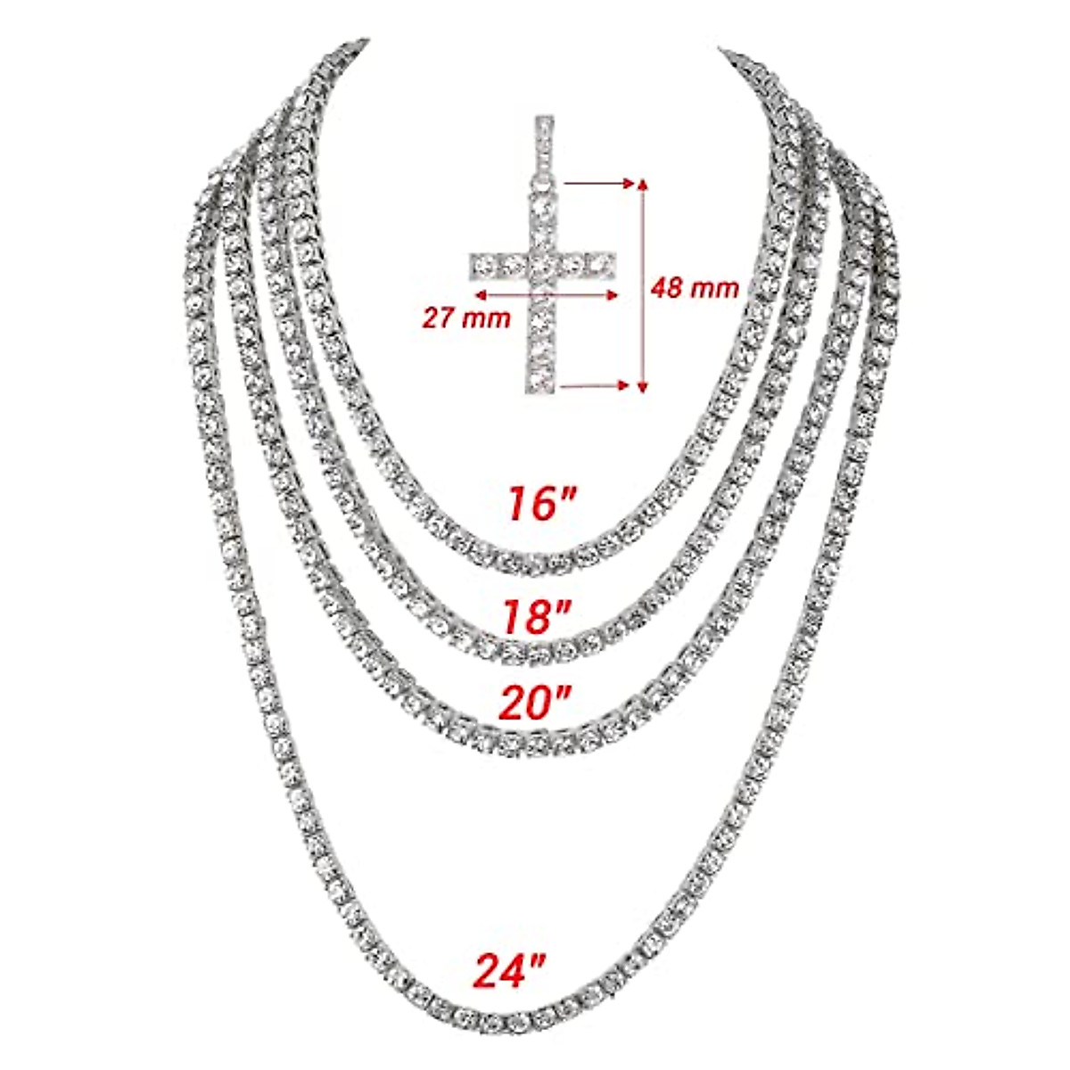 Iced Out Cross Pendant on Tennis Chain for Men or Women - Bling'ed Out Hip Hop Jewelry on Blast! - Gold or Silver and Size Your Choice - TN001 Cross (16" Silver)