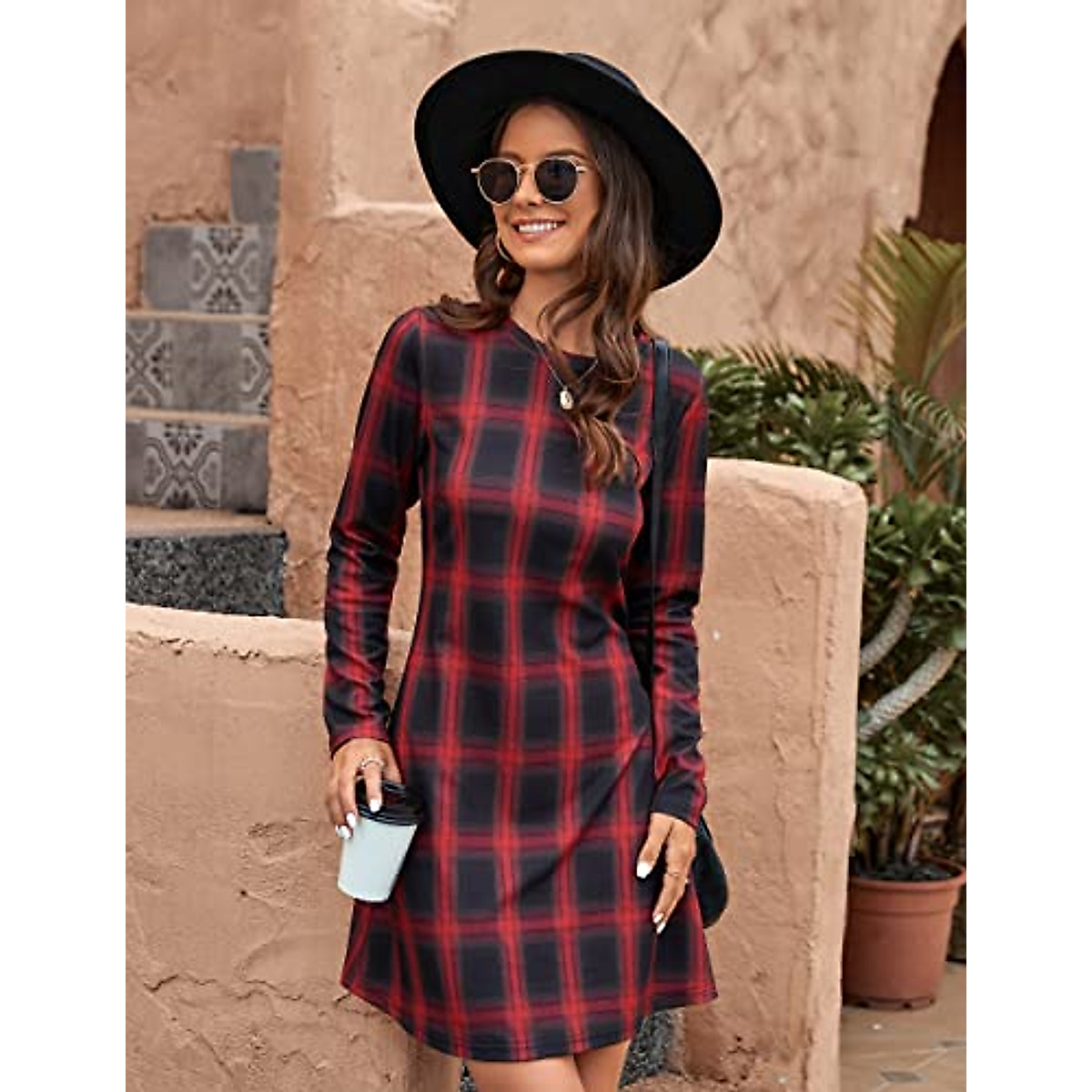Blooming Jelly Women's Plaid Swing Dress Long Sleeve Round Neck Tunic Mini Dress(Large,Black and Red Plaid)
