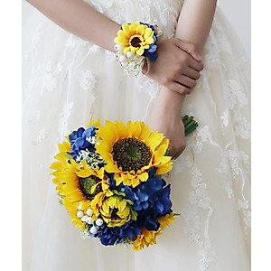 Ciandid Sunflower Wrist Corsage and Boutonniere Set for Wedding, 3PC Groom Boutonniere & 3PC Bride Wrist Corsage Wristlet Band Bracelet Artificial Flower for Wedding Ceremony Party Prom