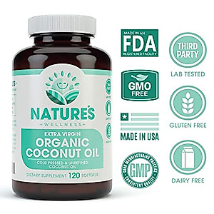 Natures Wellness Organic Coconut Oil 2000mg - Healthy Skin, Nails, Hair Growth – Extra Virgin, Cold Pressed, Unrefined Non GMO - Rich in MCT MCFA - Support Brain Function