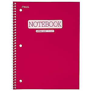 Mead Spiral Notebook, 1 Subject, College Ruled Paper, 70 Sheets, 10-1/2" x 7-1/2", Plastic, Color Selected For You, 1 Count (07178)