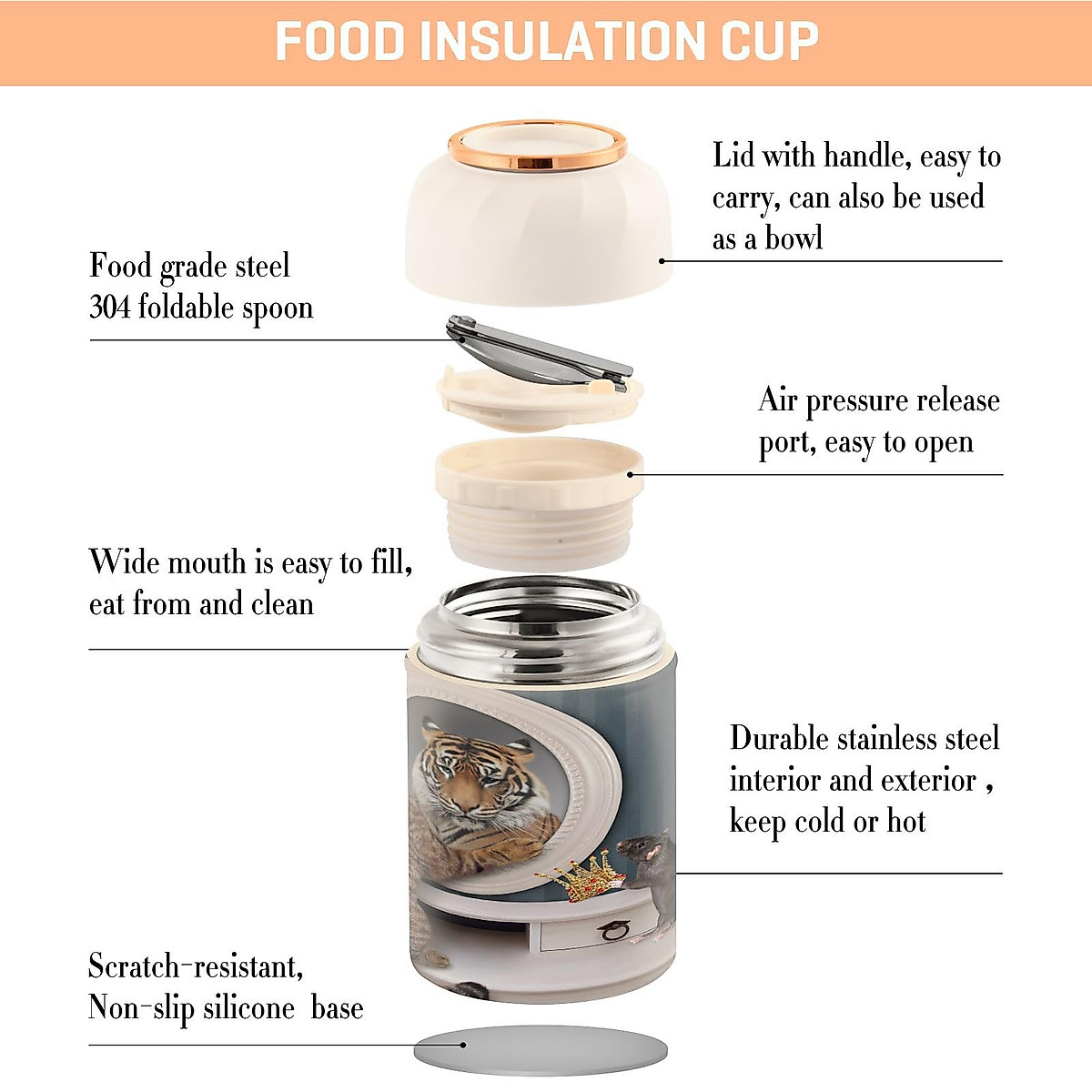 CUPADA Biege Cat Tiger Food Jar, Cute Animals Crown Insulated Hot Food Jars Vacuum 17OZ with Folding Spoon for Work Trip Picnic Camping