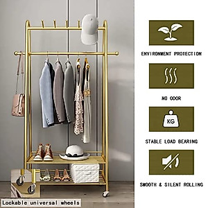 BOTAOYIYI Clothes Rack Gold, Freestanding Coat Rack Modern Rolling Garment Rack with Wheels and Bottom Shelves, Industrial Heavy Duty Pipe Clothing Rack Wardrobe Closet for Boutique Display (39.4")