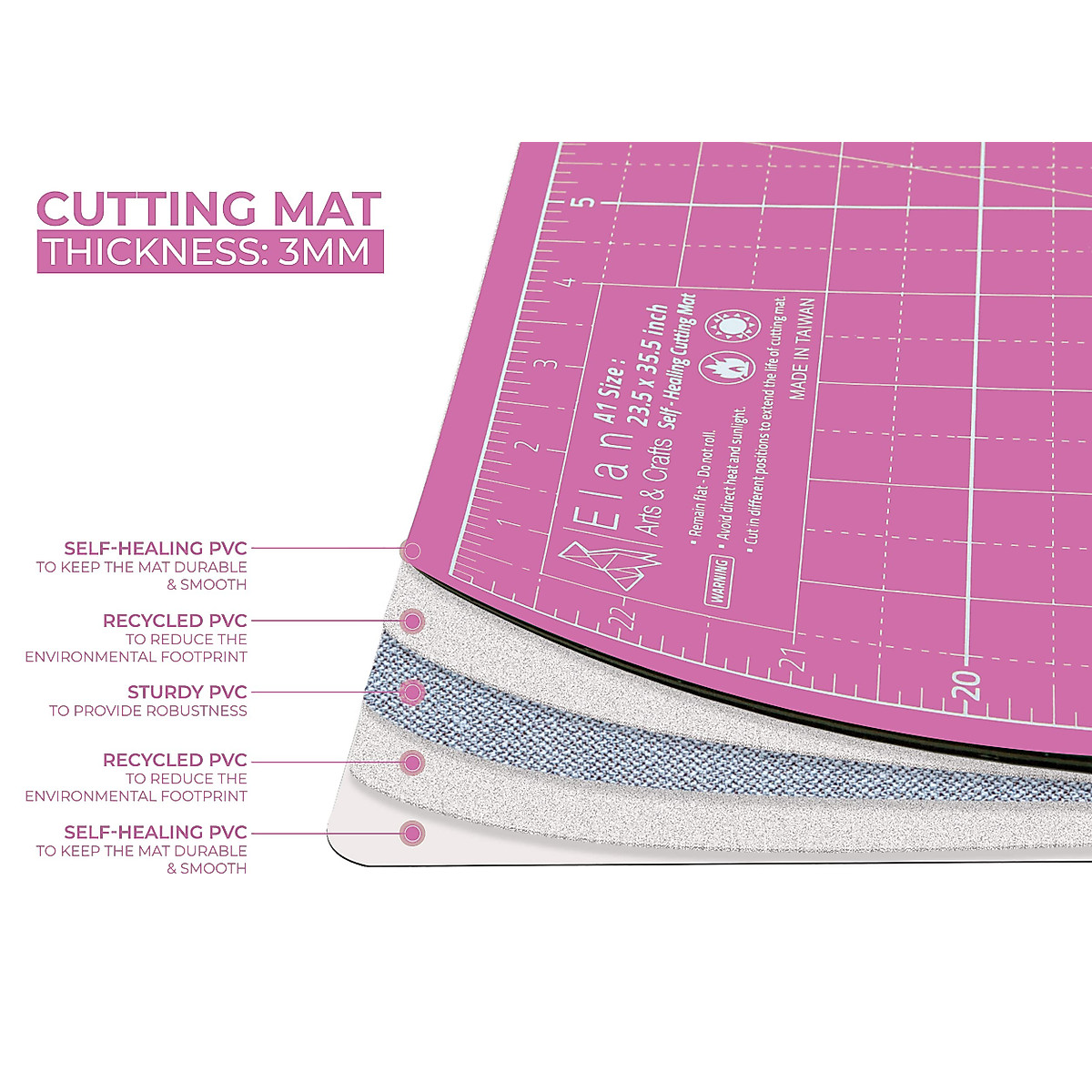 Elan Cutting Mat A3 Pink and Purple, 5-Ply Craft Mat, Self Healing Cutting Mat 18x12, Craft Cutting Board, Art Mat, Imperial Sewing Mat, Quilting Mat, Hobby Mat, for Sewing, Quilting supplies