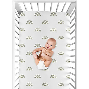 Sweet Jojo Designs White and Sage Boho Rainbow Boy or Girl Fitted Crib Sheet Baby or Toddler Bed Nursery - Green Bohemian Celestial Sky Outdoors Nature Gender Neutral
