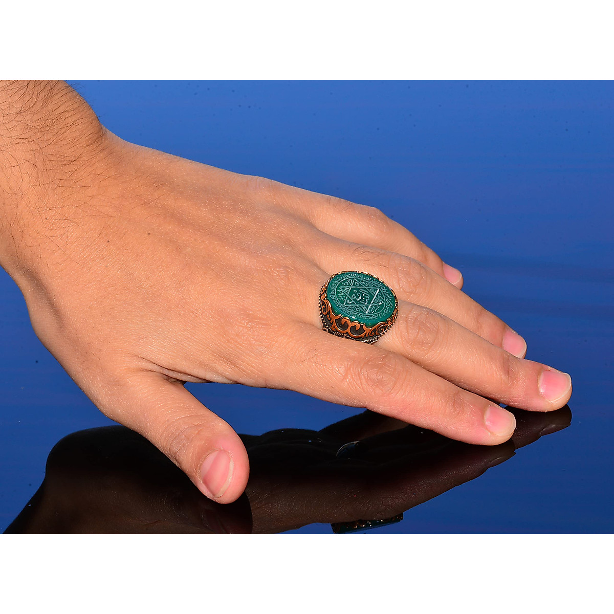 KAMBO Sterling Silver Men's Ring, Natural Black Onyx Gemstone, King Solomon Seal Ring, Unique Handmade Jewelry (Jade)