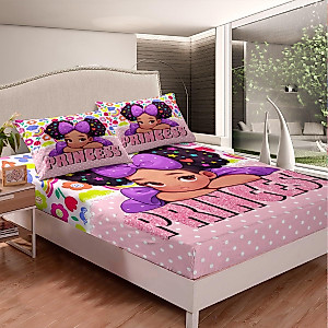 Black Girls Fitted Sheet Twin Size,Princess Girl Pink Diamond Glitter Pattern Bedding Set,Cute African Style Americans Bed Sheet Kids Teens Cartoon Colorful Flower Deep Pocket Sheet,1 Pillowcase