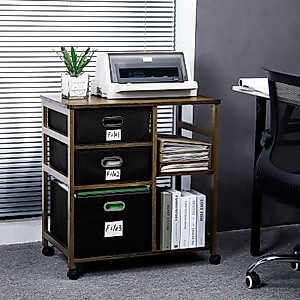 Homde 3 Drawer Bamboo File Cabinet Whit Wheel,Mobile Office Lateral File Cabinets,File Folders for Filing Cabinet,Printer Stand with Open Storage Shelf fits A4 Letter Size for Home Office,Brown