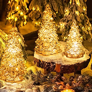 KI Store Lighted Glass Christmas Tree Figurine with Timer Set of 3 Mercury Glass Christmas Decoration Battery Operated for Centerpieces Window Tabletop Mantel